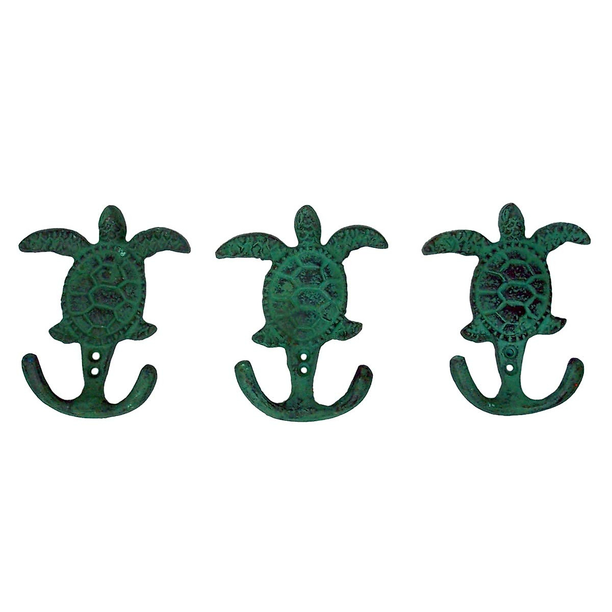 Wowser Green Turtle Cast Iron Wall Mount Coat Hooks, 4 Inch, Set of 3