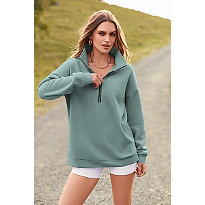 PRETTYGARDEN Women Causal 1/4 Zip PulloverLong Sleeve Collar Sweatshirts Solid Activewear Running Jacket (Green, Large)
