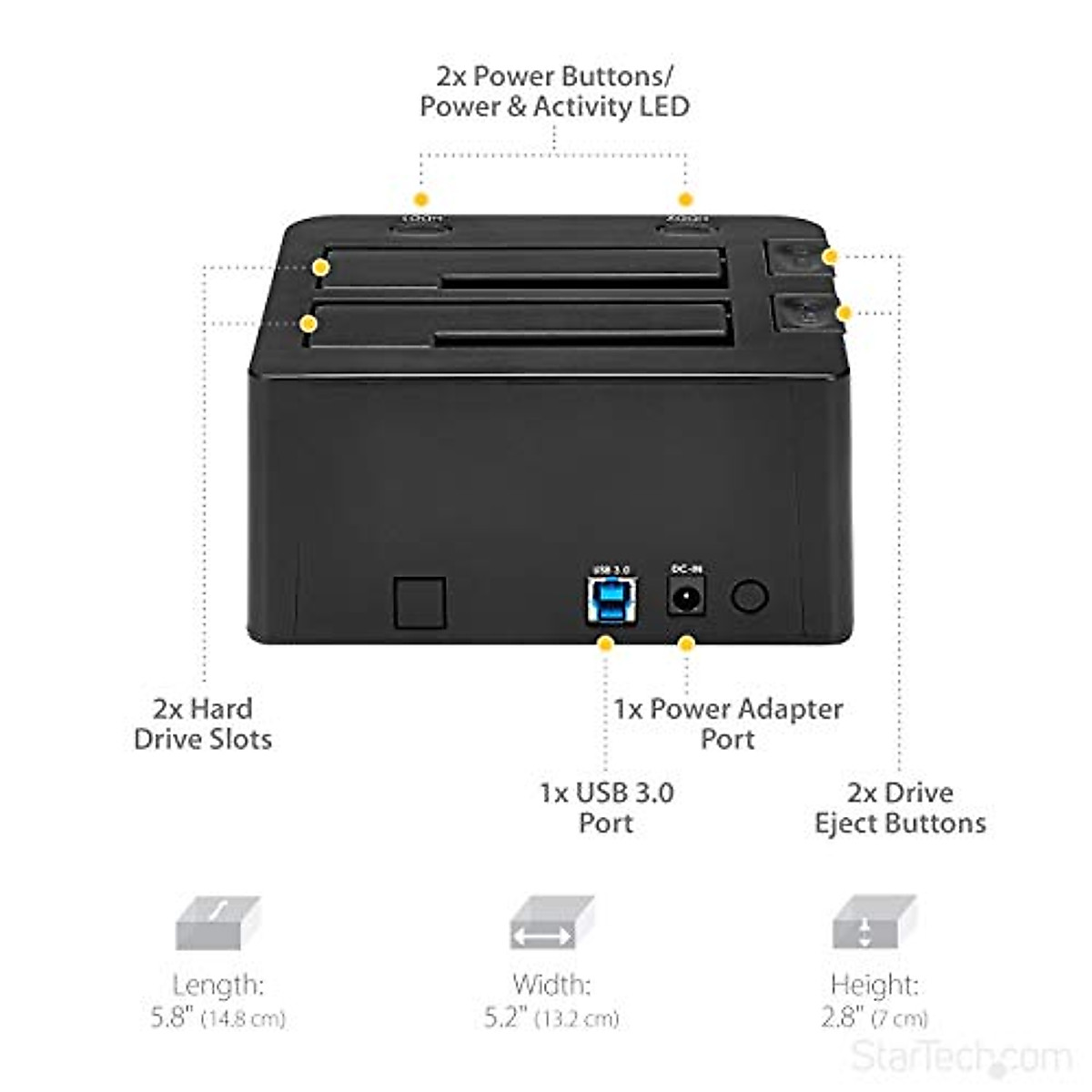 StarTech.com Dual-Bay USB 3.0 To SATA Hard Drive Docking Station, USB Hard Drive Dock, External 2.5/3.5" SATA I/II/III, SSD/HDD Docking Station, Hot-Swap Hard Drive Bay, Top-Loading (SDOCK2U33),Black
