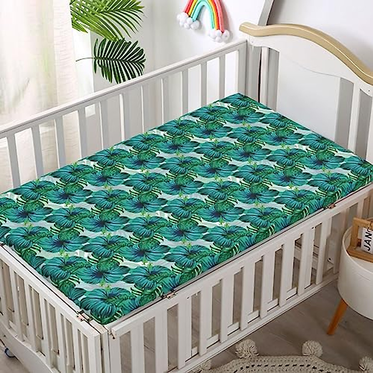 Exotic Themed Fitted Crib Sheet,Standard Crib Mattress Fitted Sheet Soft Toddler Mattress Sheet Fitted - Baby Crib Sheets for Girl or Boy,28“ x52“,Dark Seafoam Sea Green Shamrock Green