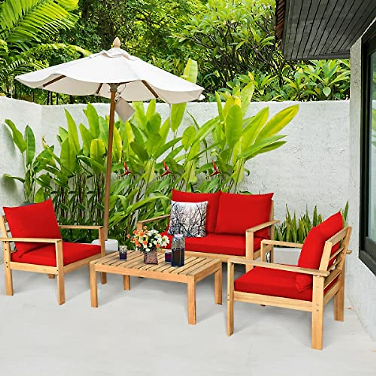 LUKEO 4PCS Patio Furniture Set Acacia Wood Thick Cushion Loveseat Sofa Red Spend Time with Your Family On The 4-8 Persons Set