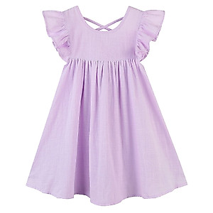 GSVIBK Baby Girls Linen Cotton Dress Halter Flutter Sleeve Casual Dress Toddler Girl Ruffle Sleeve Dress 686 Lavender 90
