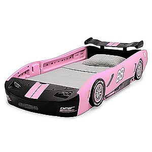 Delta Children Turbo Race Car Twin Bed, Pink Snooze 6 inch Memory Foam Twin Mattress (Bundle)