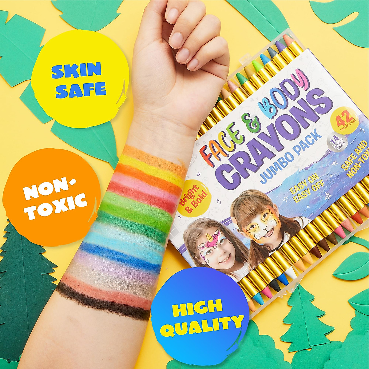 42PCS Face and Body Paint Crayons, Face Painting Kit Safe and Non-Toxic Ultimate Party Pack Including 14 Metallic Colors for Birthday Makeup Party Supplies, Festivals, Easter Gifts for Kids