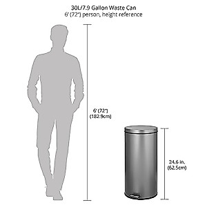 mDesign Tall 30 Liter / 7 Gallon Large Round Metal Lidded Step Trash Can, Thin Compact Garbage Bin with Removable Liner Bucket for Bathroom, Kitchen, Craft Room, Office, Garage - Graphite Gray