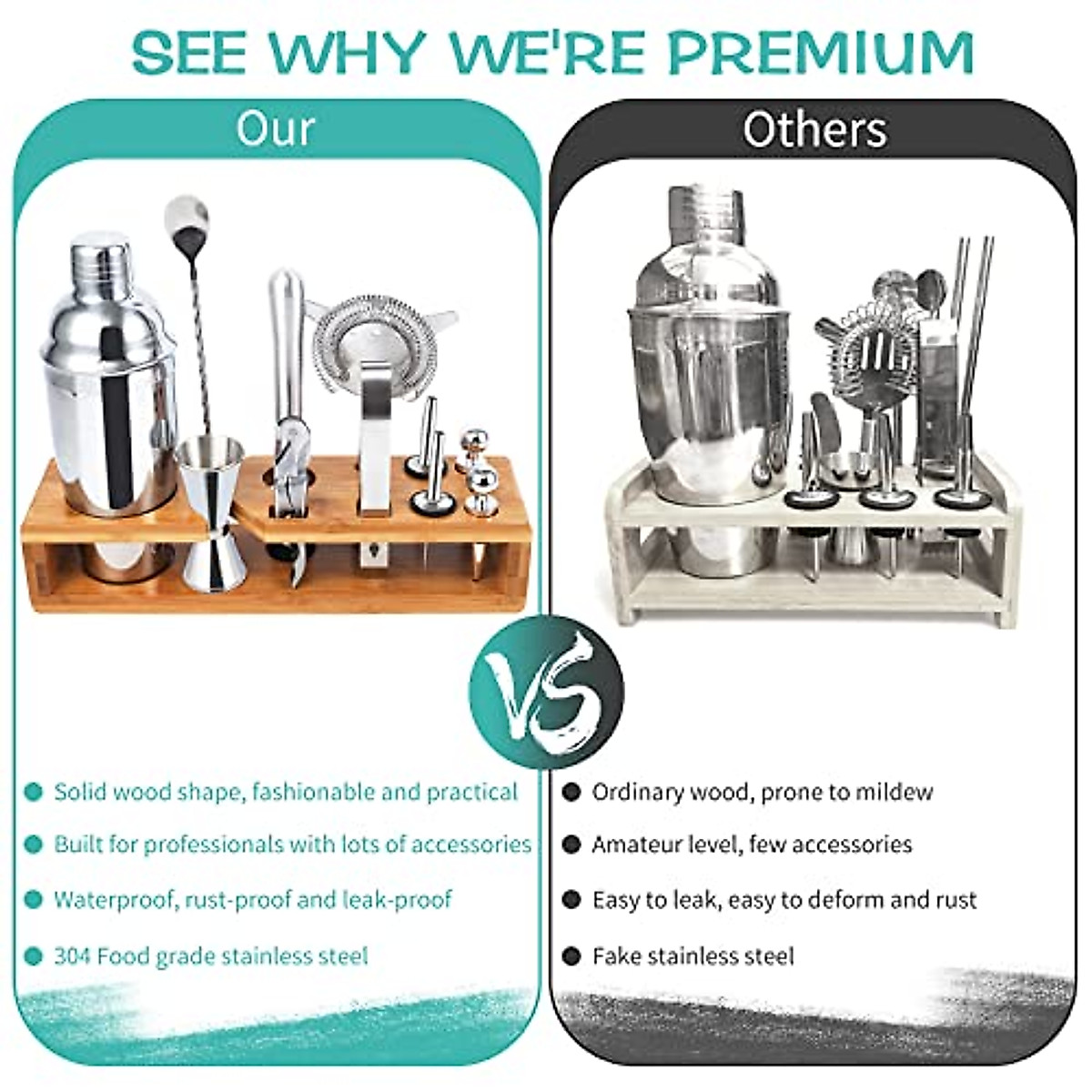 Bartender Kit,Cocktail Shaker Set,Bar Mixing Set with 24oz Stainless Steel and Bamboo Stand, Bar Set with Recipe by Bournis