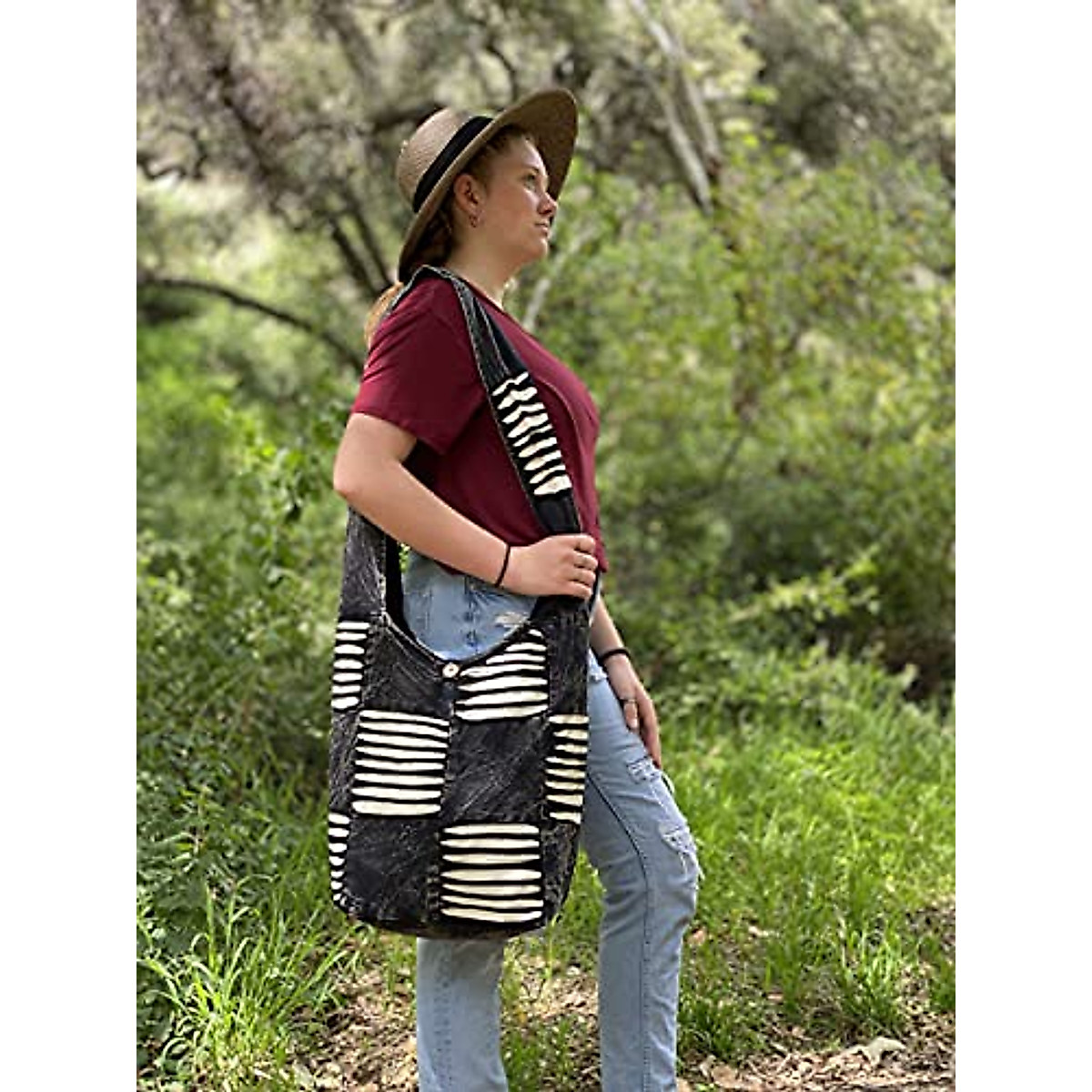 Black and White Razor Cut Patchwork Unique Crossbody Shoulder Boho Hippie Handbag Purse Large