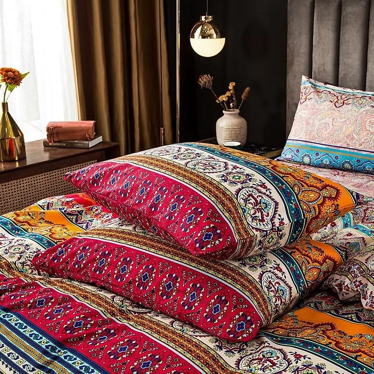 Elmiansly 3PCS Boho Style Floral Printed Duvet Cover Full Set, Exotic Indian Bedding Linen Set, Ultra Soft Comforter Cover Folk Quilt Cover 78 X 90 inches & 2 Pillow Shams for All Seasons