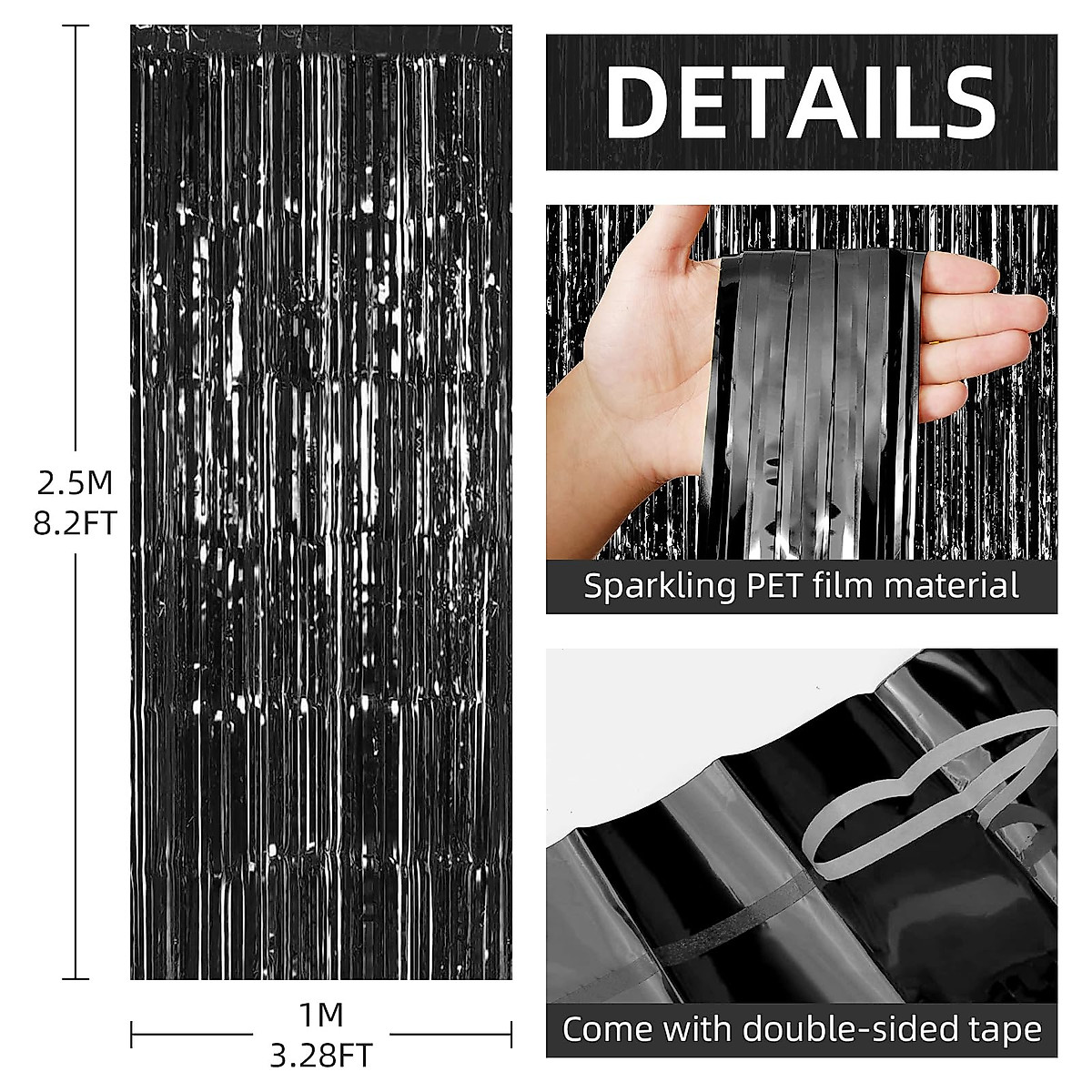 6 Pack Foil Fringe Backdrop Curtains, 3.28 x 8.2 ft Black Tinsel Streamers Metallic Tinsel Foil Fringe Curtains Photo Booth Backdrop for Birthday Wedding Graduation Halloween Party Decorations