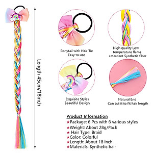 6Pcs Girls Colored Braids Hair Extensions with Rubber Bands, Rainbow Braided Hairpieces Hair Bows Wig Ponytails Kids Favor DIY Hair Accessories for Girls Gift Birthday Party Cosplay Daily Dress Up
