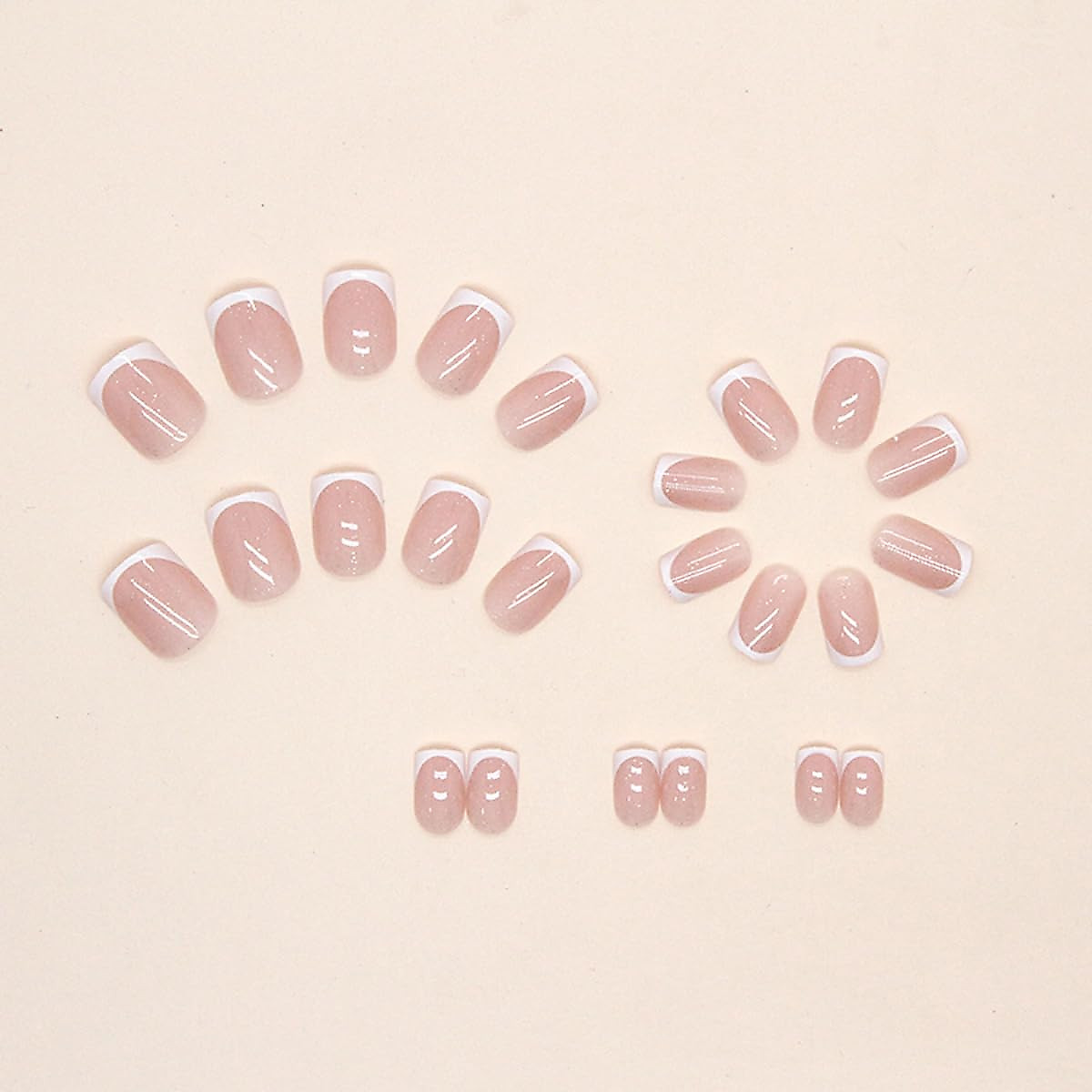 BFY French Press on Nails Short Square Fake Nails, Classic White French Tip Acrylic Nails, Glitter Nude Glossy Gel False Nails Kits Salon Quality Stick Glue on Nails Tip 24 Pcs