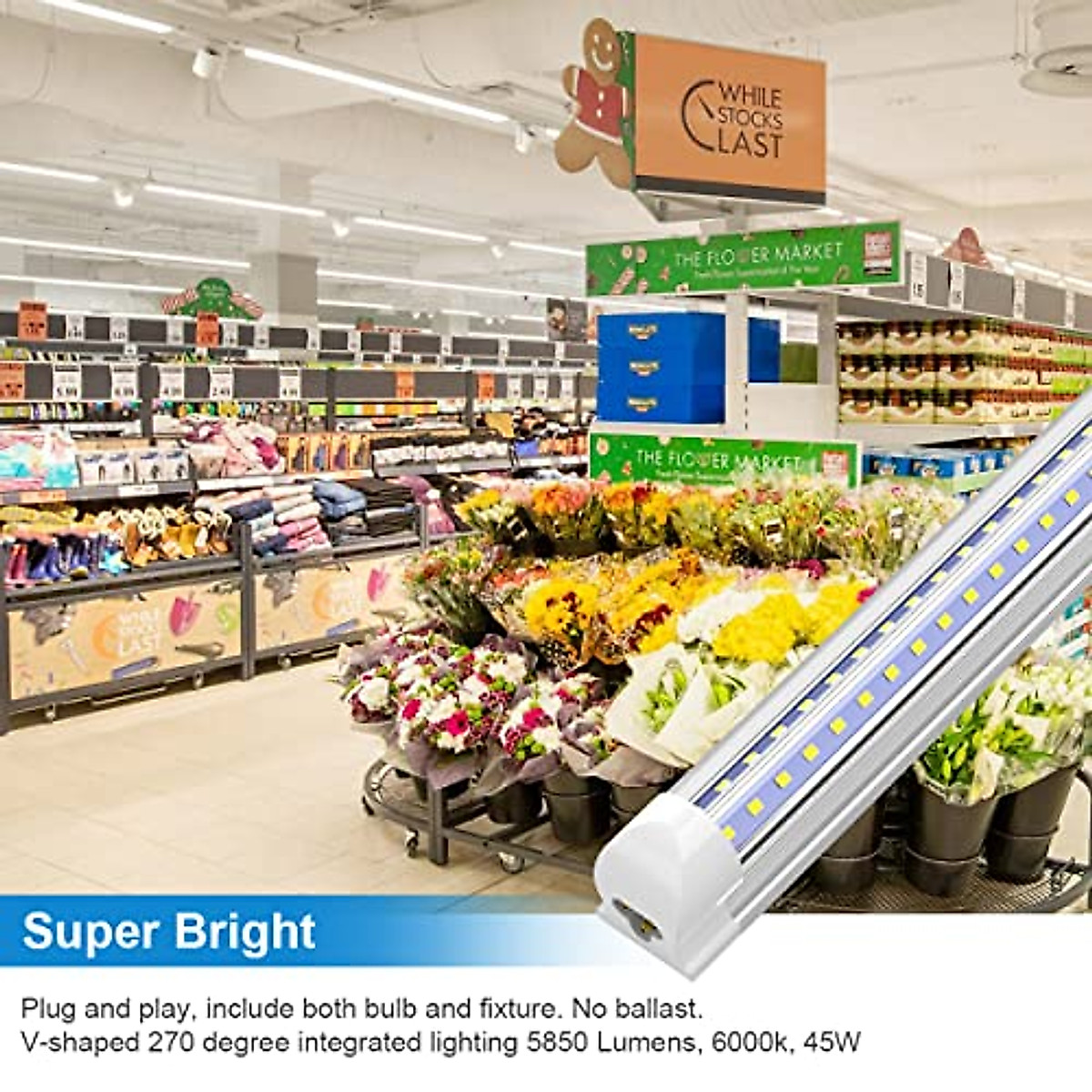 SHOPLED 5FT LED Shop Light, 45W 5850LM 6000K Cool White, V Shape, 5 Foot LED Linkable Ceiling Lights T8 LED Tube Lights Fixture, LED Shop Lights for Garage, Workbench, 4 Pack