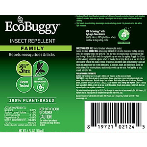 EcoBuggy Family Mosquito & Tick Repellent Spray, 100% Plant-Based Actives, DEET-Free, Extra Long-Lasting with HTR Technology, 4 Ounce, Pack of 2
