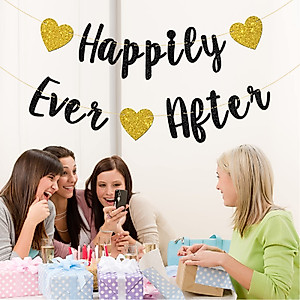 Talorine Happily Ever After Banner, Bridal Shower, Engagement, Just Married, Wedding Party Decorations (Black Glitter)