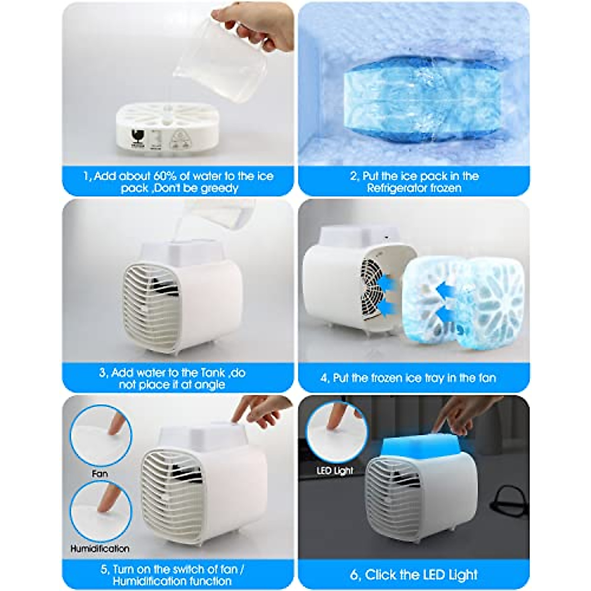 Portable Air Conditioner, Futtest Personal Evaporative Cooler Air Conditioner Fan with 600ml Water Tank Cordless&Rechargeable Desk Cooling Fan LED Light for Room and Office