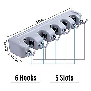 CINEYO Pack of 02 - Black & Gray Mop and Broom Holder Wall Mount - Heavy Duty Broom Holder Wall Mounted or Tool Organizer For Home Garden Garage And Storage (5 Positions with 6 Hooks)