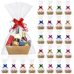 Canlierr 24 Sets Empty Gift Basket Set Basket for Gifts Empty 8 x 6 x 3 Inches Kraft Market Tray Cardboard Basket with Handles, Bags, and Multicolor Bows for Wedding Birthday Easter