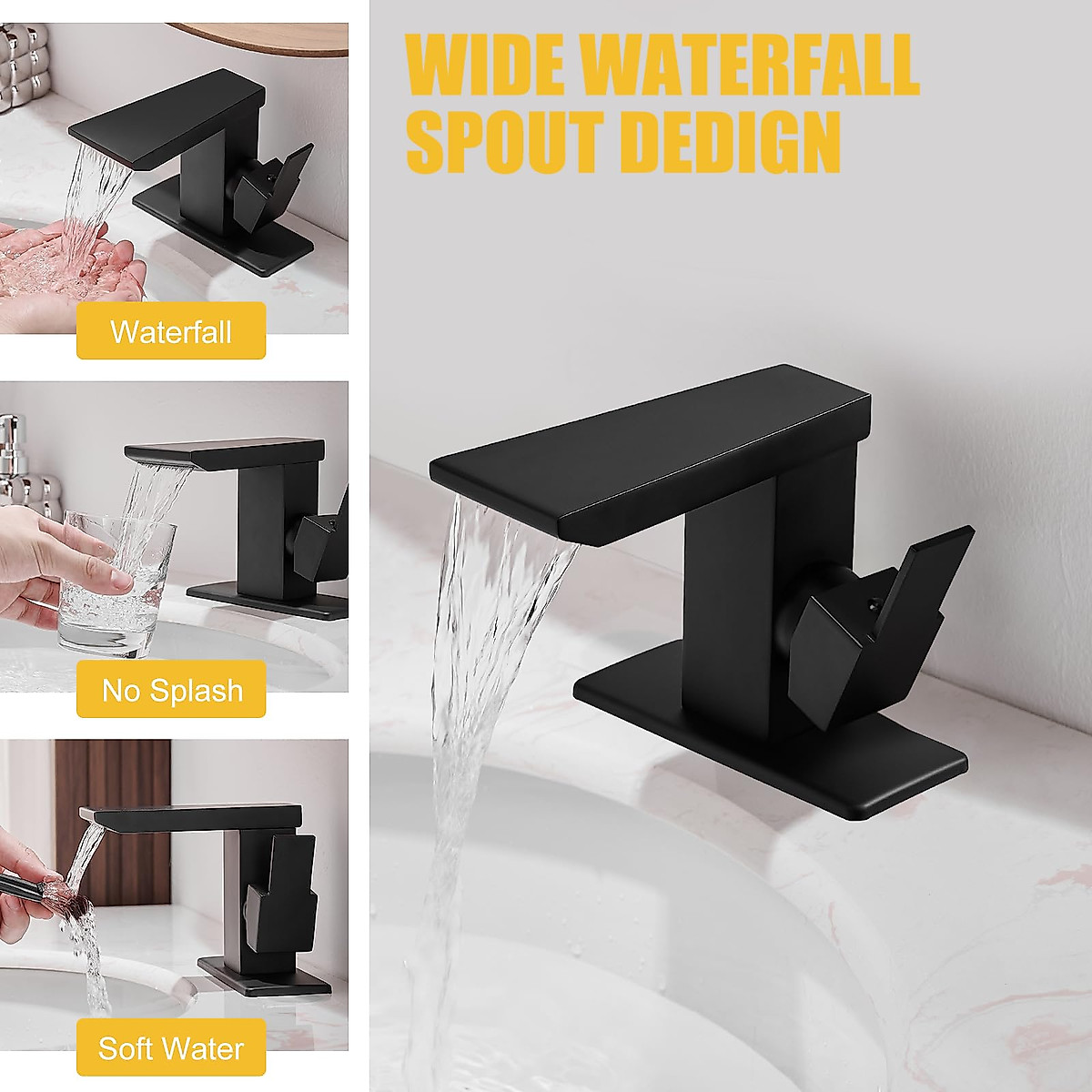 BESy Waterfall Matte Black Bathroom Faucet, Single Hole Or Three Hole Bathroom Sink Faucet with Pop Up Drain, with cUPC Supply Lines Single Handle Vanity Faucets, 6 Inch Deck Plate, Stainless Steel