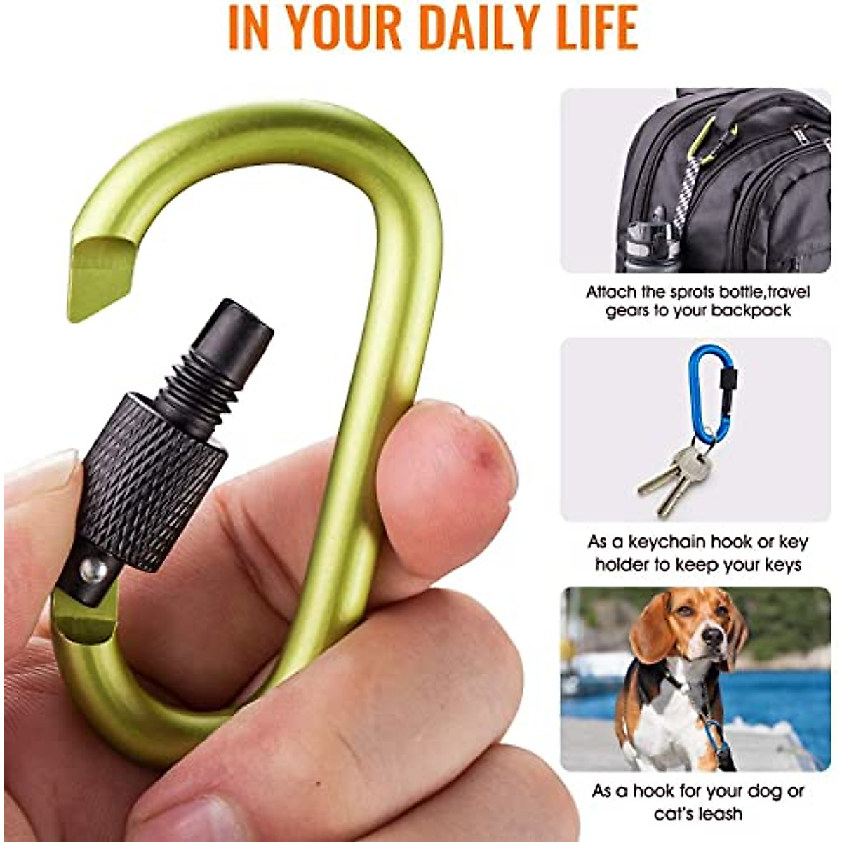 Carago Carabiner Clips with Screw Gate, 10 Pack Carabiners Hiking Clips with 7.5mm Diameter Aluminum Rod (10 Colors)