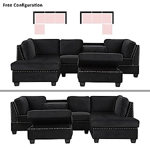 Eafurn 104.5" Convertible Sectional Reversible Chaise and Rivets Trim,L Shaped Corner Storage Ottoman and Cup Holders,Comfy Upholstery Sofa & Couches for Living Room, Black Velvet