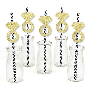 Gold Glitter Diamond Ring Party Straws - No-Mess Real Gold Glitter Cut-Outs and Decorative Bridal Shower or Bachelorette Party Paper Straws - Set of 24
