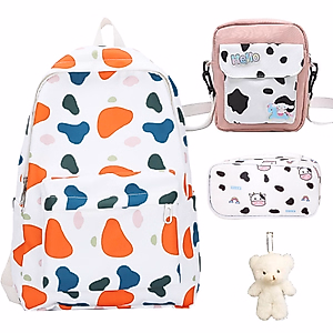 Cow Print Backpack for School, 6Pcs Set Student Preppy Kawaii Mini Backpack Shoulder Bag Pencil Box with Pin and Accessories (White)