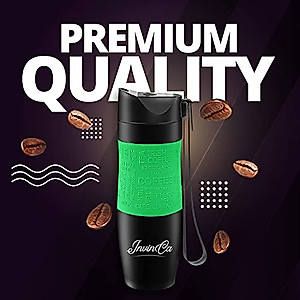 INVINCA ONE-CLICK Travel Mug: Thermal Vacuum-Insulated Coffee Mug, Double-Wall Stainless Steel Durable Mug with a Leak Proof Lid for your Daily Hot/Cold/Ice Drinks: 16-oz Metal Cups, Silver/Black