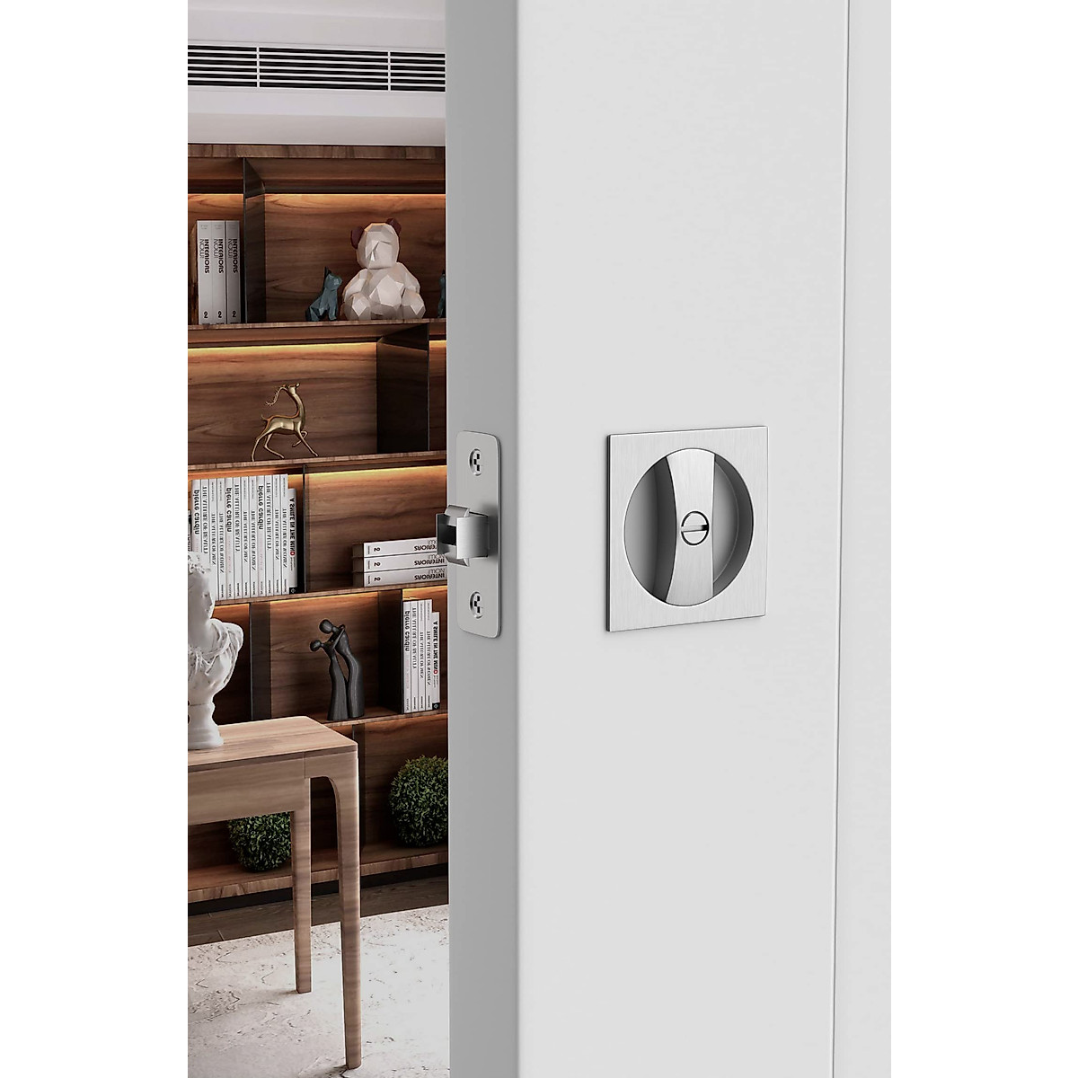 goldenwarm Bed/Bath Pocket Door Lock, Satin Nickel Contemporary Privacy Square Pocket Door Hardware, Flush Pocket Door Latch, 2-3/8" Backset