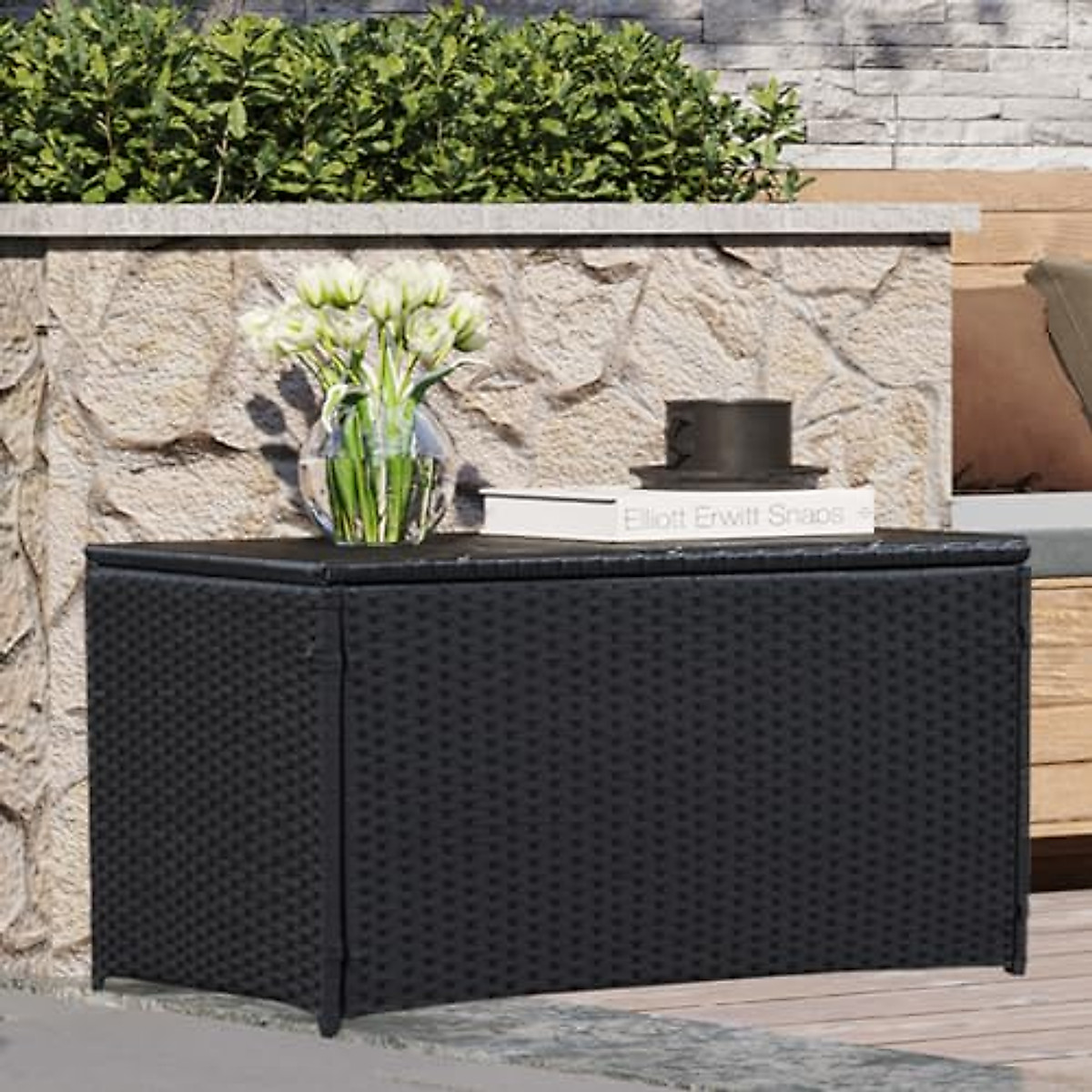 Sundale Outdoor Storage Box, 60 Gallon Patio Deck Boxes with Hinged Lid, Outdoor Wicker Cushion Storage Container Bin Chest for Cover, Pillow, Towel - Steel Frame, Classic Black