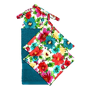 Red Pink Yellow Floral Flowers with Teal Turquoise Green Leaves Ties On Stays Put Kitchen Hanging Loop Hand Dish Towel and Set of 2 Square Pot Holders Hot Pads Trivets Hostess Housewarming Gift