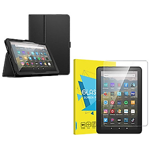 MoKo Case with Temperd Glass Screen Protector Fits Kindle Fire HD 8 & 8 Plus Tablet (12th Generation/10th Generation, 2022/2020 Release) Slim Folding Stand Cover with Auto Wake/Sleep, 9H Hardness Film