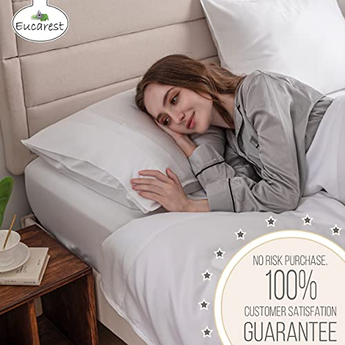 Split-King Eucalyptus Lyocell Bed Sheets, Hypoallergenic 100% Organic Tencel, Thermal Regulating and Moisture Wicking for Hot Sleepers, Superior to Bamboo Viscose. Extra Deep Pockets - White