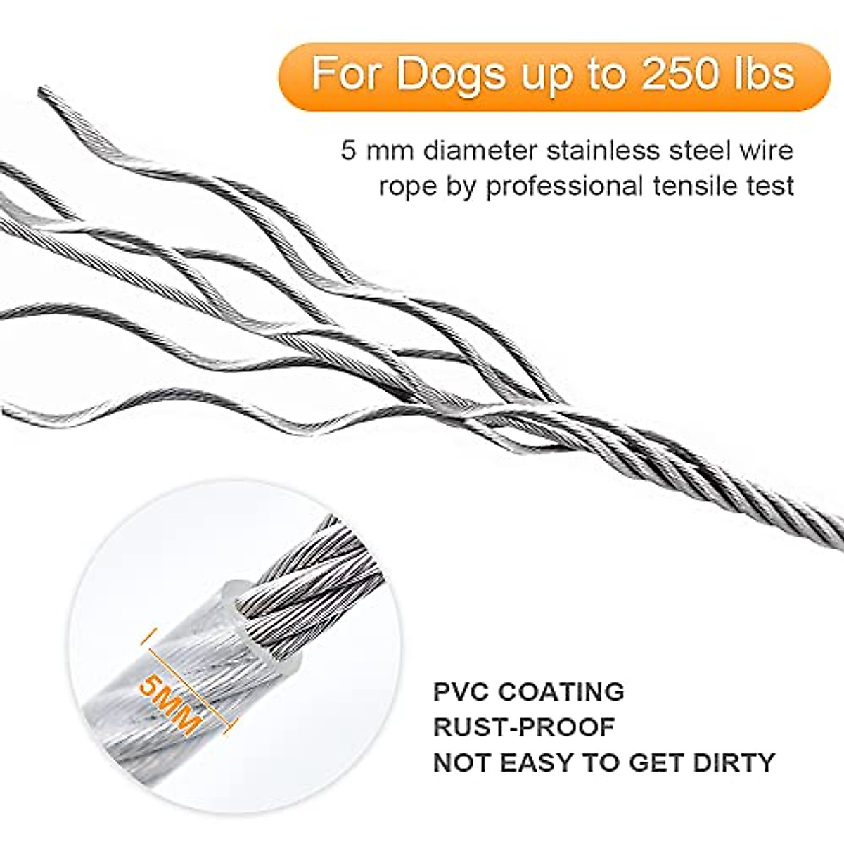 Tresbro 15FT Reflective Dog Tie Out Cable for Dogs Up to 250 Pounds, Steel Wire Dog Leash Cable with Stainless Rotatable Buckle, Lightweight and Durable, Dog Chains Outside for Outdoor,Yard,Camping