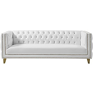 Meridian Furniture 651White-S Michelle Collection Modern | Contemporary Sofa with Deep Button Tufting, Nailhead Trim and Sturdy Gold Iron Legs, 90" W x 34" D x 30" H, White