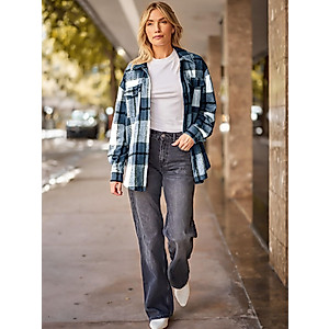AUTOMET Womens Fall Outfits Fashion Clothes Shackets Flannel Plaid Button Down Long Sleeve Shirts Jackets Blue L