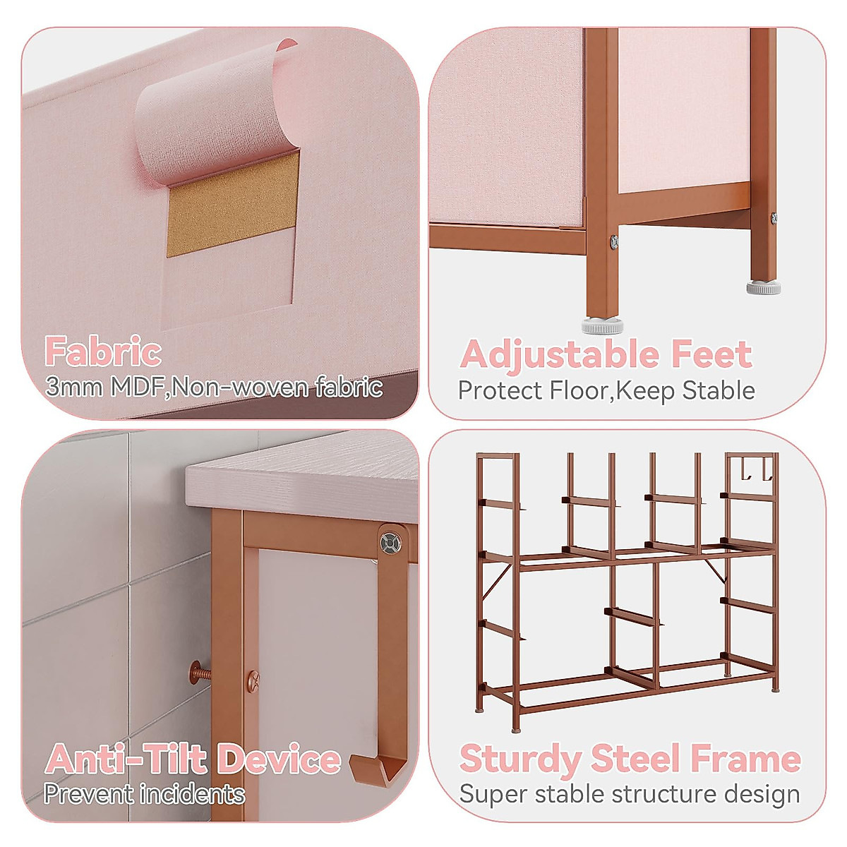 TrailBlaze Multifunctional Drawer Tower - Spacious Storage with 10 Drawers, Fabric Pockets, Hooks, Sturdy Steel Frame, Waterproof Wood Top, Anti-Tip Safety, Easy Assembly(Pink)