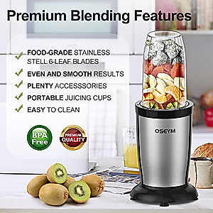 OSEYM Personal Blender, 850W Bullet Blender for Shakes and Smoothies, 19-in-1 Smoothie Blender for Ice Crush, Easy to Clean (Silver)