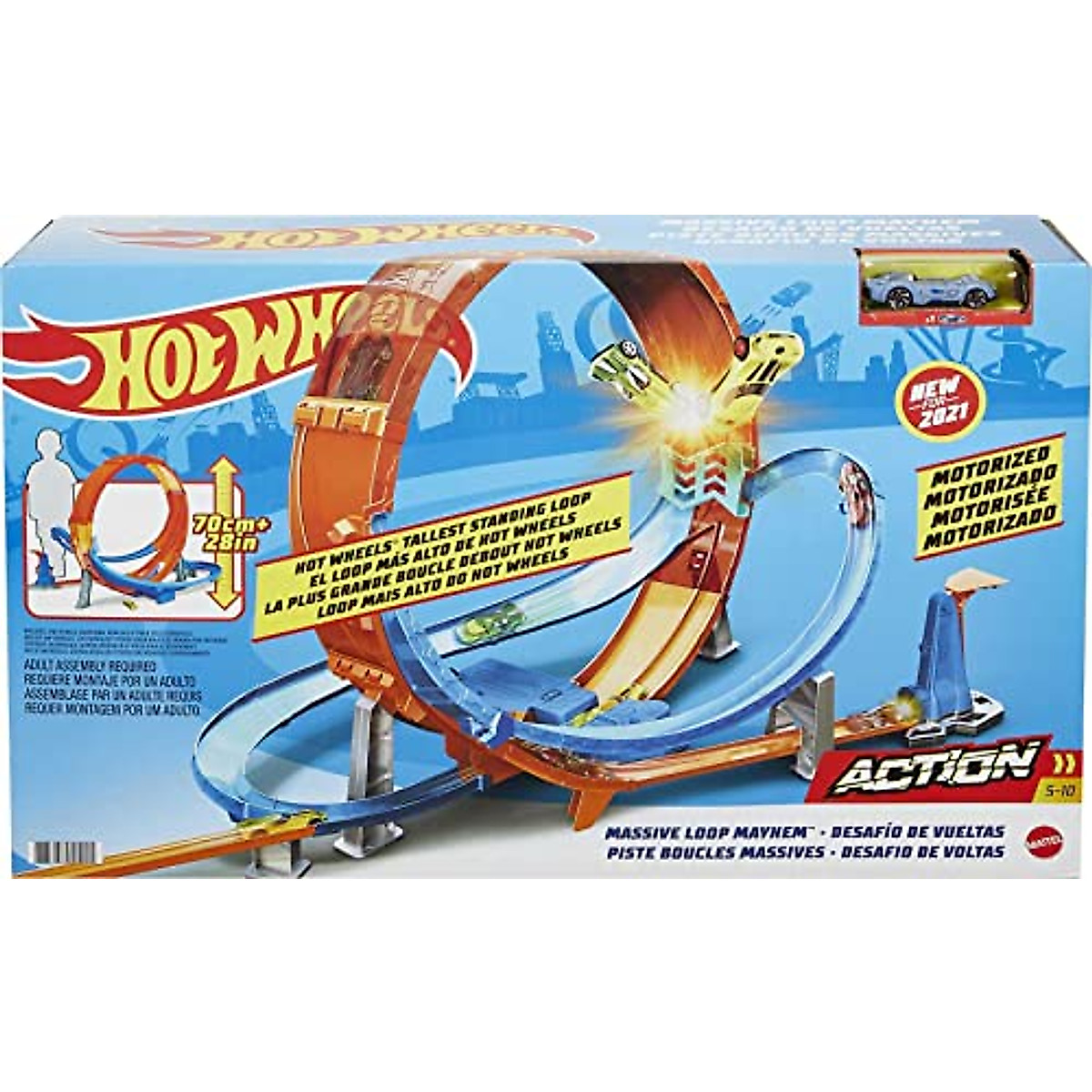 Hot Wheels Toy Car Track Set Massive Loop Mayhem, 28-in Tall Loop, Powered by Motorized Booster, 1:64 Scale Car