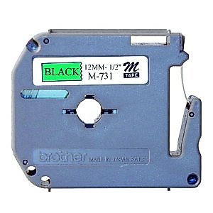 Brother M Series M-731 Non-Laminated Tape Cartridge-1/2IN BLACK ON METALLIC GREEN -NON-LAMINATED TAPE PT-85 100 110