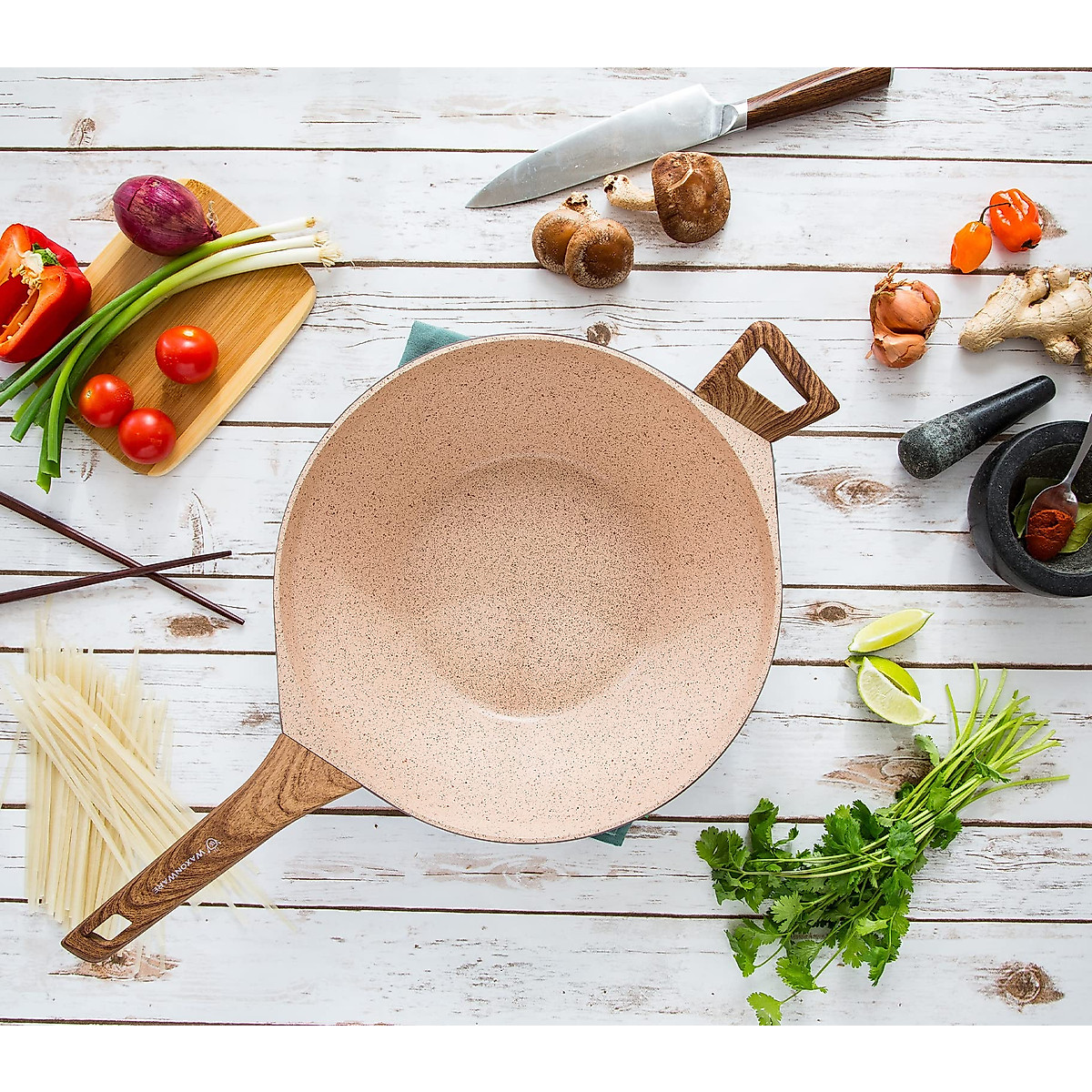 WaxonWare 12.5 Inch Non Stick Wok With Glass Lid Coated With Marbellous (A 100% PFOA & APEO Free German Non Stick Coating) - For Stir-Frying, Shallow Frying, Deep Frying & Braising