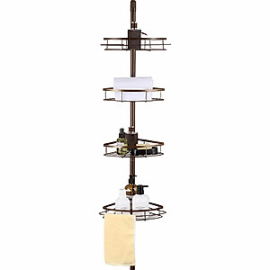 Xiarnotogi corner shower caddy tension pole, Stainless Steel bathroom organizer, 4 Baskets Bathtub Shampoo Storage Shelves for inside shower, Height Adjustable from 45 to 112 Inch (Bronze)