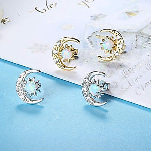 Milacolato 925 Sterling Silver Stud Earrings for Women18K White Gold Plated Cubic Zirconia Crescent Moon Star Earrings Hypoallergenic Created Opal Stud Earrings for Sensitive Ears