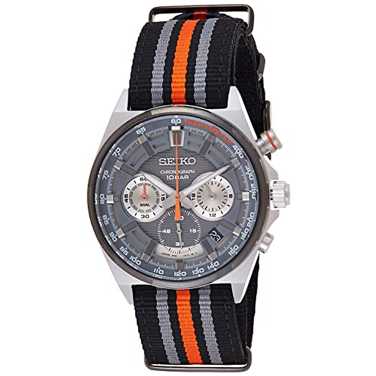 SEIKO SSB403 Watch for Men - Essentials Collection - Quartz Chronograph, Tachymeter, Gray Dial with Metallic and Orange Accents, Racing Stripe Strap, and Water-Resistant to 100m
