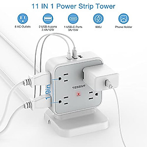 Power Strip Tower Surge Protector, TESSAN 8 AC Outlets with 3 USB (1 USB C Port), 5 FT Flat Plug Extension Cord with 900 Joules Protection, Desk Charging Station for Home Office Supplies, Dorm Room