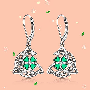 Shamrock Earrings St Patricks Day Earrings for Women Celtic Knot Four Leaf Clover Trinity Irish Leverback Drop Sterling Silver Green Jewelry