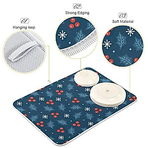 Christmas Holly Berry Leaves Dish Drying Mat Kitchen Counter Drying Mat Kitchen Matt Dish Dryer Cloth Dish Wish Drying Mat 18 x 24