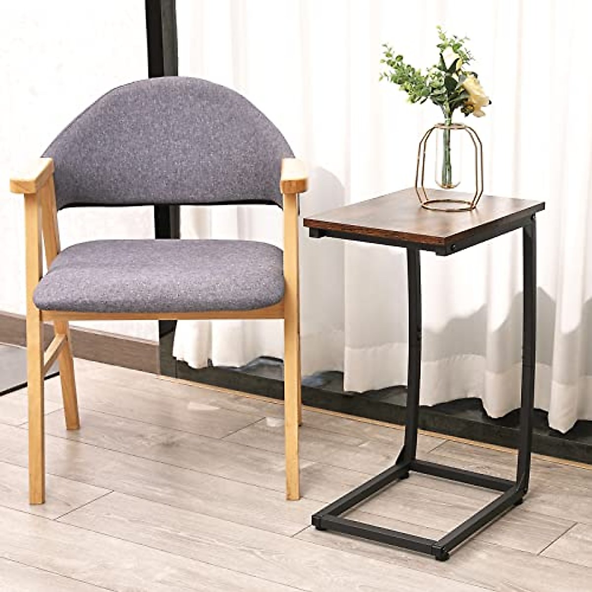 LAKEMID C Shaped End Table Side Table of 2, Small Sofa Table with Metal Frame for Living Room Bedroom Small Spaces (Rustic Brown)