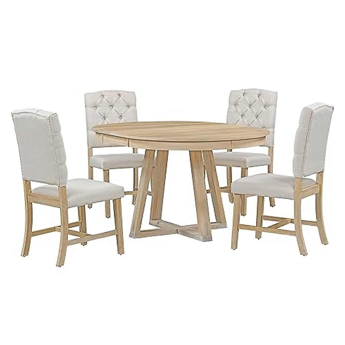 5 PCS Extendable Upholstered Dining Sets Include Round Table and 4 Chairs for Dining Room and Living Room ,More Functional Design with 16"W Butterfly Leaf Convertible to Oval Tabletop, Natural+Grey