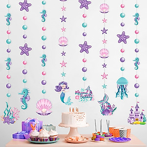 Cindeer 8 Pcs Mermaid Birthday Party Decorations Under The Sea Paper Garland Jellyfish Starfish Hippocampus Ocean Castle Hanging Banner Decor for Girls Mermaid Baby Shower Party Supplies