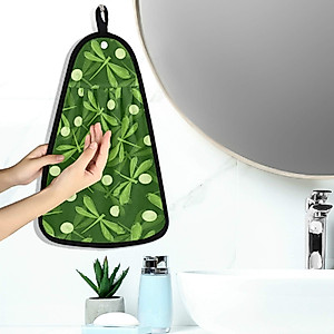 visesunny Cute Green Dragonflies Hand Towel for Kitchen Bathroom Decor Soft Absorbent Cotton Dish Towel with Hanging Loop Botton Cleaning and Drying Washcloth
